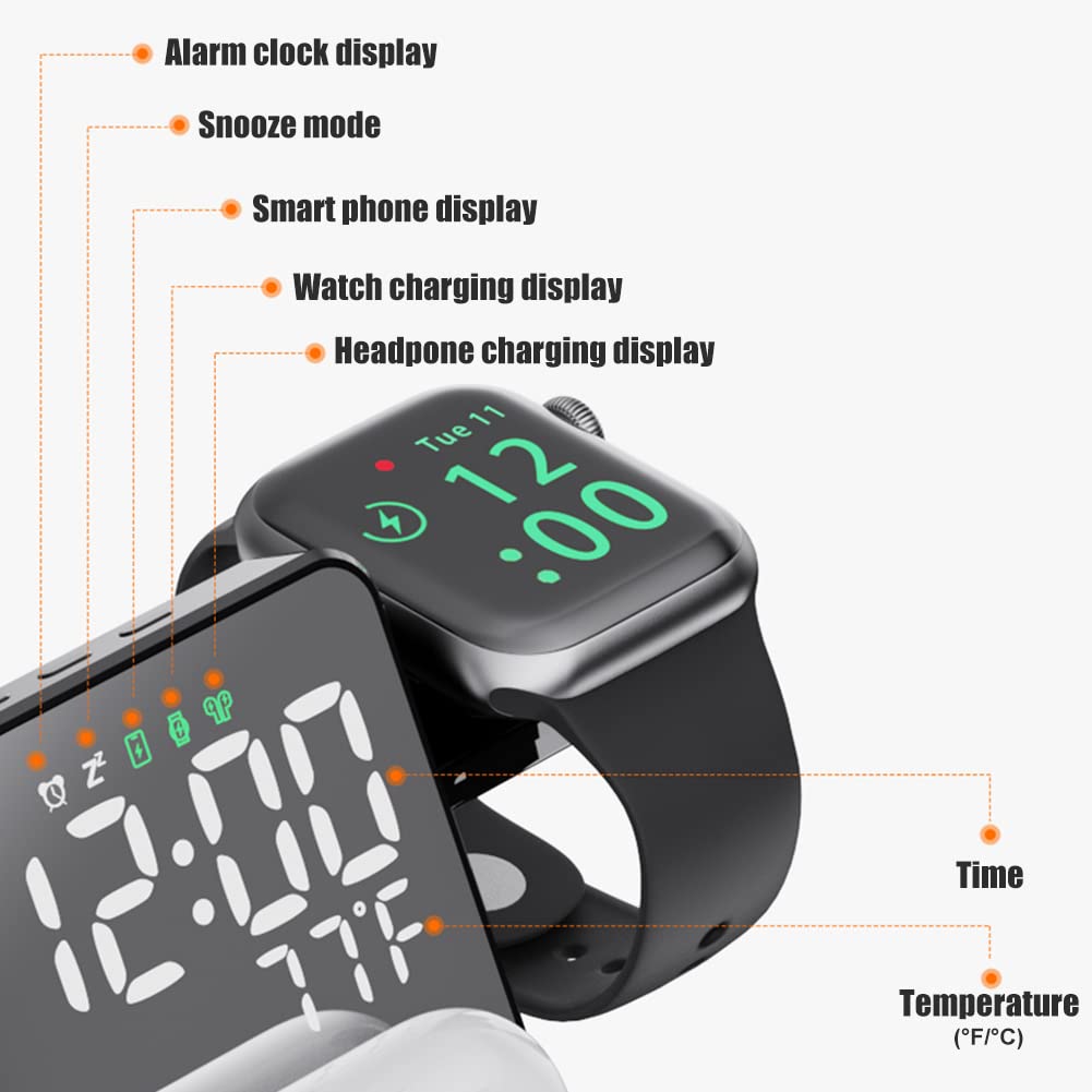 4-in-1 Wireless Charging Station for Apple Devices, 18W Fast Charge Wireless Charger with Alarm Clock and Temperature Display, Wireless Charger Stand for iPhone 14 13 12, Apple Watch & AirPods