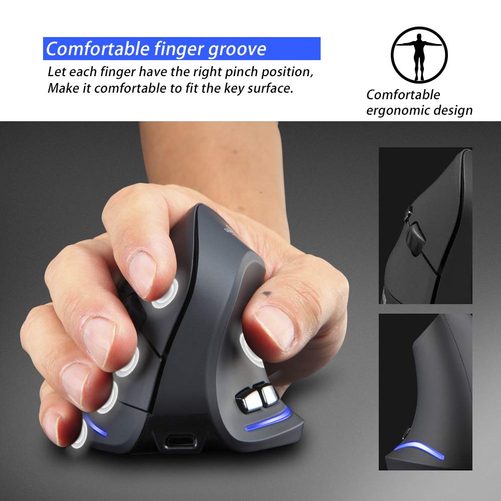 Attoe Vertical Mouse Wireless, Right Handed 2.4GHz Wireless Ergonomic Rechargeable Vertical Mouse with 3 Adjustable DPI 1000/1600/2400, 6 Buttons,Compatible with PC, Desktop,Mac (Black)
