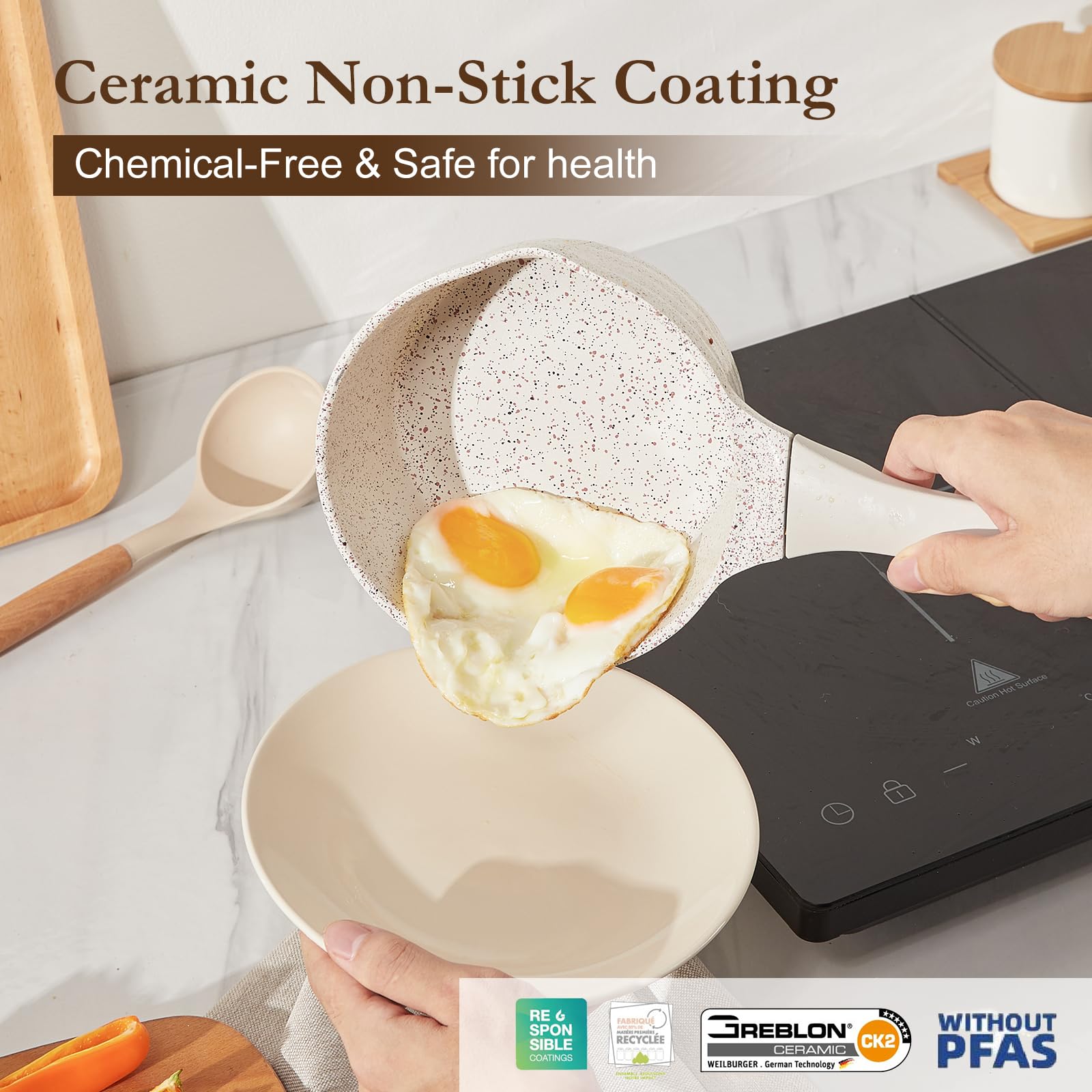 ROSSETTO 1.5QT Sauce Pan with Lid, Ceramic Non Stick Small Pot for Cooking, Saucepan with Pour Spout, Dishwasher Safe, Induction Pot with Bakelite Handle, PFOA and PFAS Free, White Granite