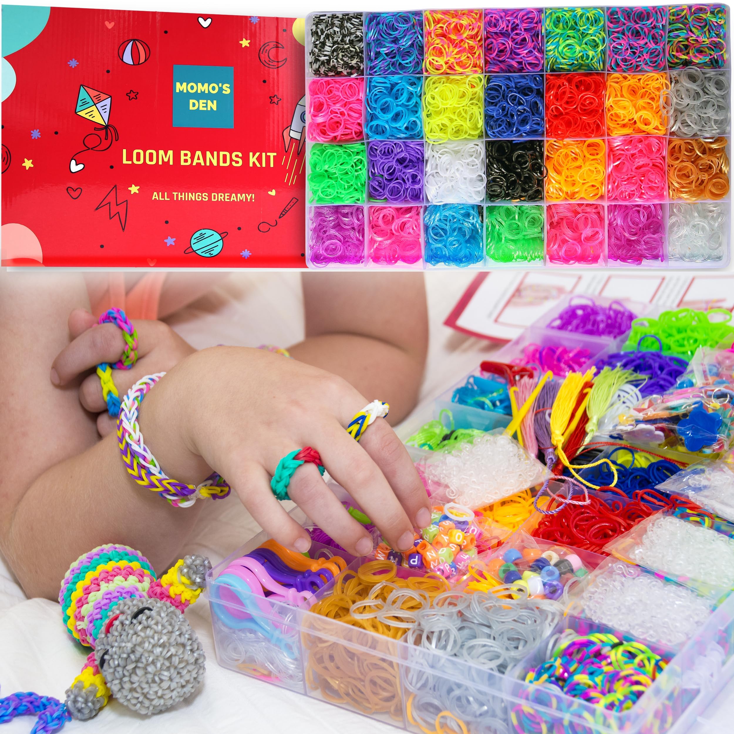 Momo's Den Rubber Band Bracelet Kit Rainbow Color Bands Bracelet Making kit Rubber Band 12100+ Loom Bracelet Kit, Big Giftable Case with Premium Quality Accessories, 28 Colors Refill Kit Boy & Girl