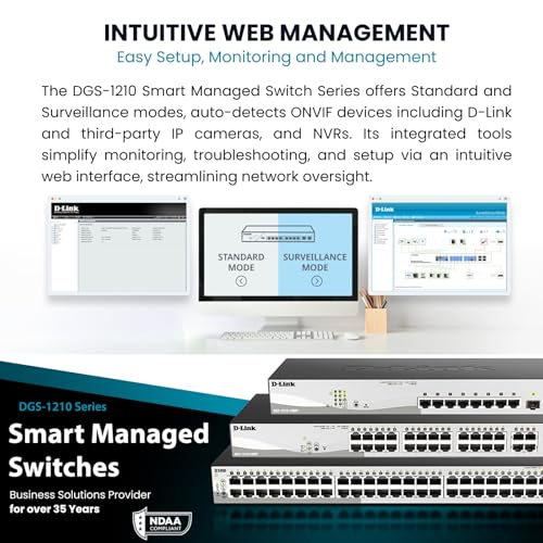 D-Link 52-Port Gigabit Smart Managed Switch | 48 GbE + 4 Combo SFP Ports | L2+ | Static Routing | VLANs | Cable Diagnostics | Web Managed | Rackmount | NDAA Compliant | Lifetime Warranty (DGS-1210-52)