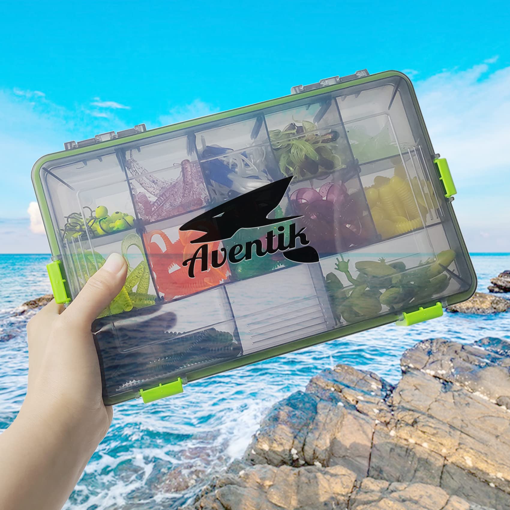 2PC Aventik Waterproof Fishing Tackle Boxes Hooks Storage Trags Organizer Box Transparent Adjustable Dividers Hold Terminal Fishing(3500M-Green&Red)