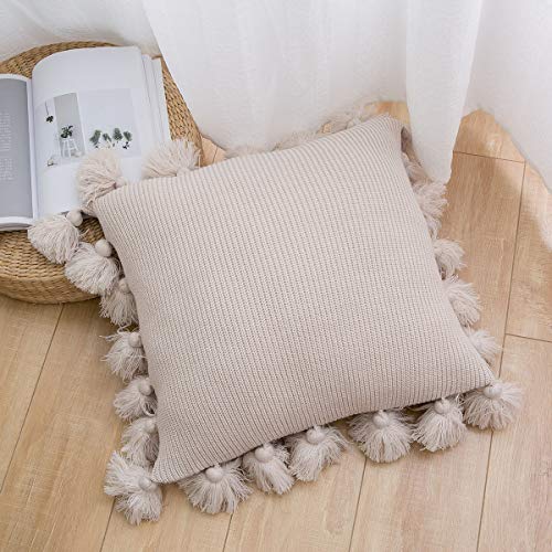 famibay Knitted Pillow Covers with Pompoms Tassel Boho Striped Cable Knit Throw Pillow Cases Decorative Pillow Cushion Cover Set for Home Sofa Couch Bed 18β x 18β Beige