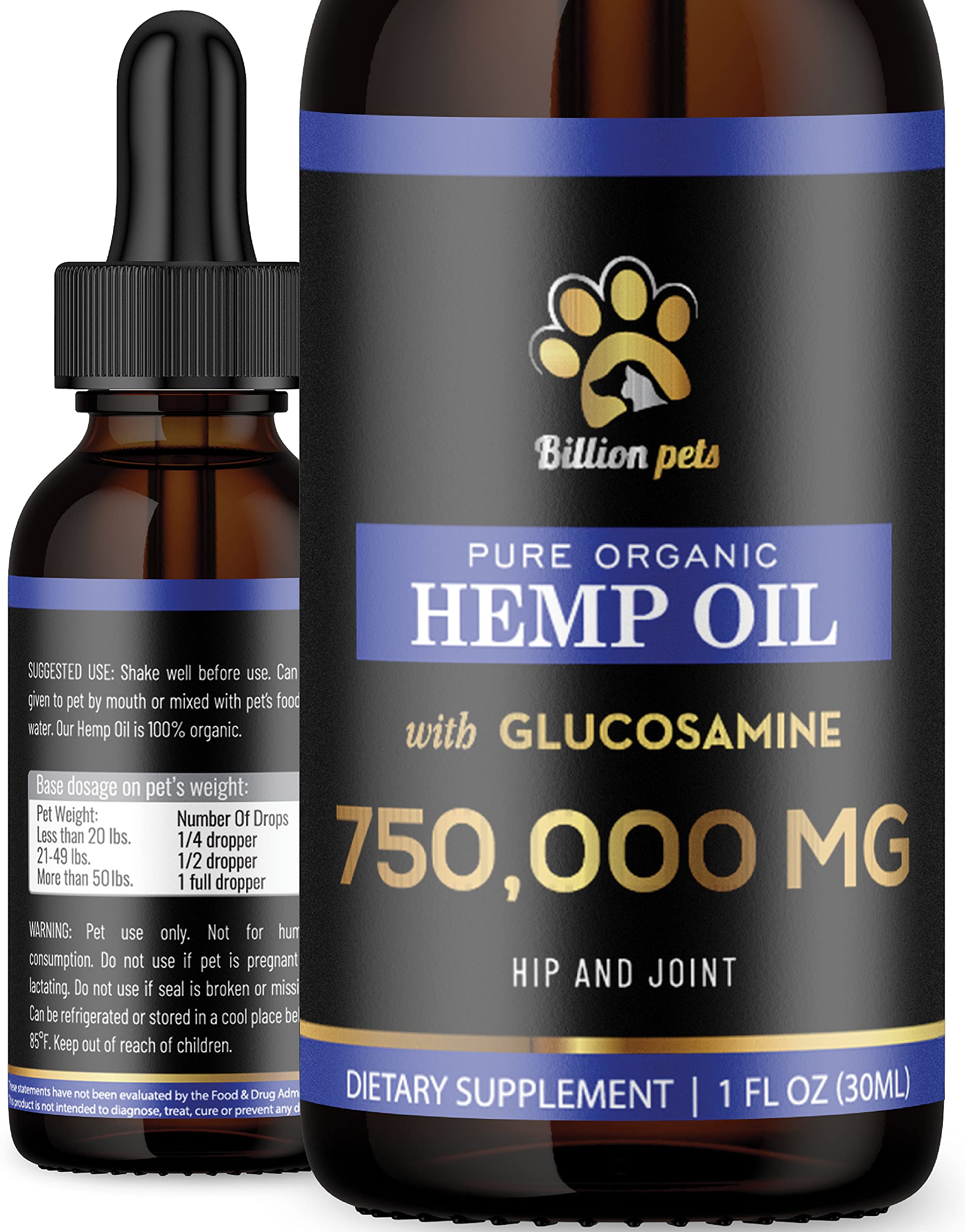 Billion Pets Hemp Oil for Dogs and Cats – Pure Organic Extract Calming Aid Drops with Glucosamine for Hip Support, Immune Function, Balanced Mood and Skin Health