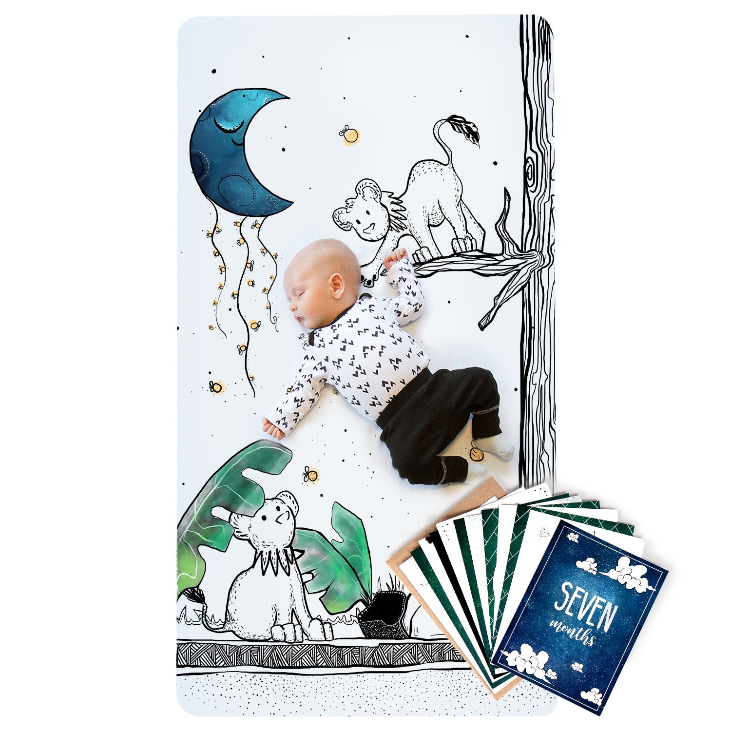 JumpOff Jo - Baby Bundle: Baby Crib Mattress Sheet & 24 Milestone Cards - Photoshoot Props, Soft Cotton Crib Sheets, Breathable, Fits Standard Crib, 28"x52", Liohearted