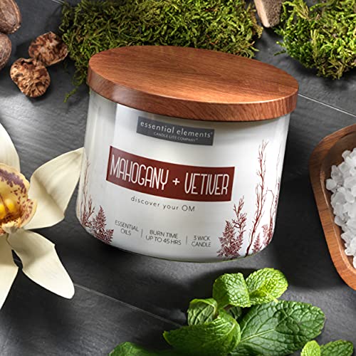 Essential Elements by Candle-lite Scented Candles, Mahogany & Vetiver Leaf Fragrance, One 14.75 oz. Three-Wick Aromatherapy Candle with 45 Hours of Burn Time, Off-White Color