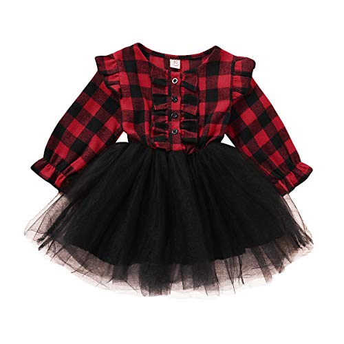 Toddler Baby Girls Christmas Outfit Buffalo Plaid Ruffle Long Sleeve Shirt Tutu Skirt Dress Clothes (4-5T,Black and red Plaid)