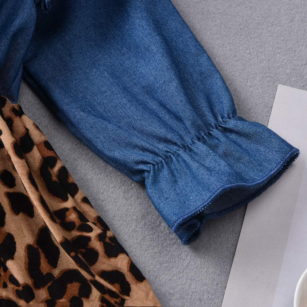 Toddler Baby Girl Long Sleeve Fall Dress Infant Denim Leopard Ruffle Dresses Cheetah Outfit, Blue, 2-3T