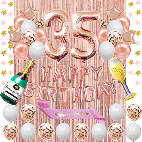 Fancypartyshop 35th Birthday Decorations - Rose Gold Happy Birthday Banner and Sash with Number 35 Balloons Latex Confetti balloons Ideal for Girl and Women 35 Years Old Birthday Rose Gold