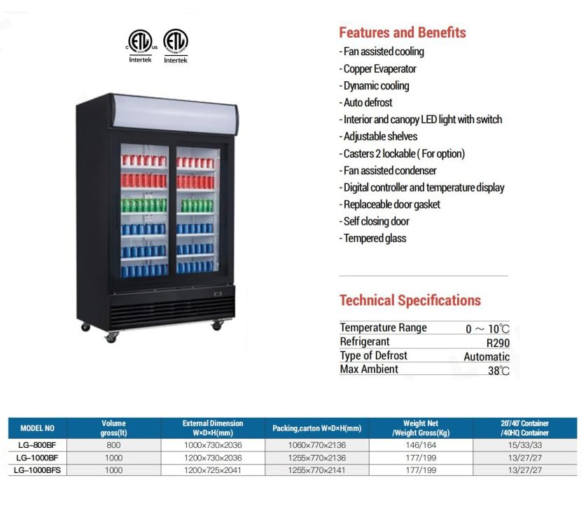 Commercial Refrigerator Glass 2-Door Sliding Door Merchandiser Display Cooler Beverage Fridge Drink cooler NSF Certified, 48 inches width, capacity 40 cuft 110V, Restaurant Kitchen Cafe LCG-1000BFS