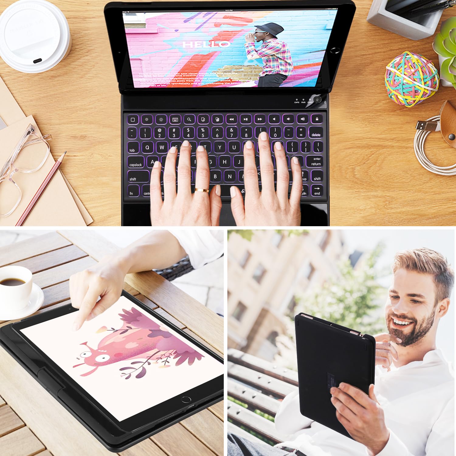LENRICH Keyboard case for iPad 9th Generation 10.2 inch 2021/ 8th Gen 2020/7th 2019/iPad air 3rd/iPad pro 10.5 2017, Multi Touchpad 360 Swivel Light Thin Cover Backlight