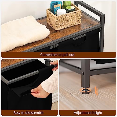 AMHANCIBLE Double Laundry Hamper, 2 Section Laundry Basket, Laundry Room Storage and Organization, Clothes hamper with Table, for Bathroom, Bedroom, Restroom, Rustic Brown HLS02BR