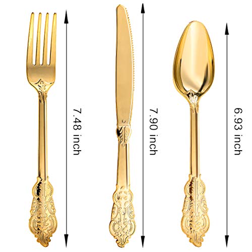 N9R 300pcs Gold Plastic Silverware Dinnerware Flatware- Heavyweight Gold Plastic Cutlery Set, 100 Gold Forks, 100 Gold Spoons, 100 Gold Knives, Gold Utensils for Party, Wedding,Birthday