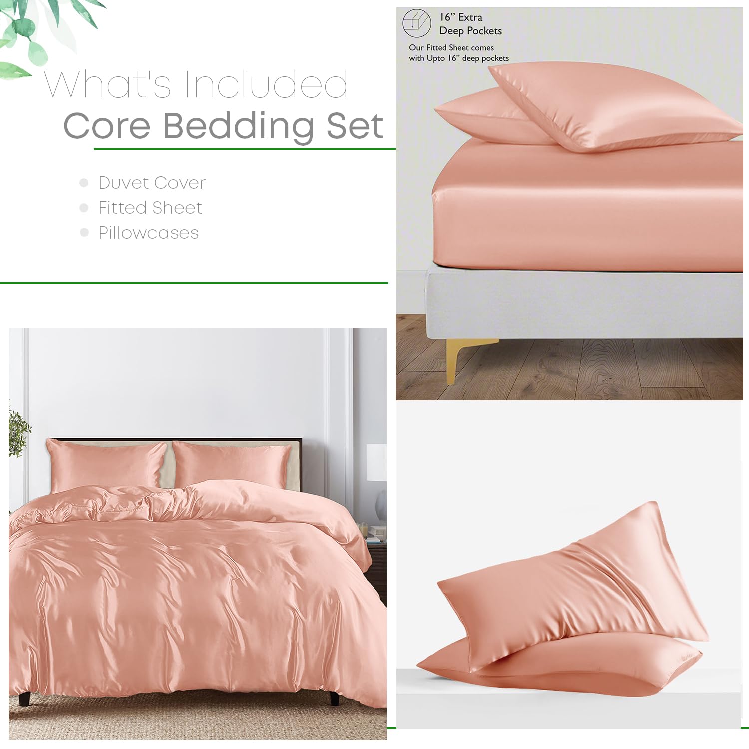Linenwalas Tencel Lyocell Duvet Cover Set with Deep Pocket Fitted Sheet, Viscose Made from Eucalyptus Soft, Lightweight and Breathable Complete Bedding Set (Rose Gold, Queen)