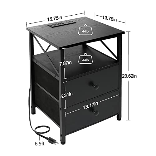 AMHANCIBLE Night Stand Set 2, Black Nightstand with Charging Station, End Tables Living Room with USB Ports and Outlets, Bed Side Tables Bedroom with Drawers HET05XBK