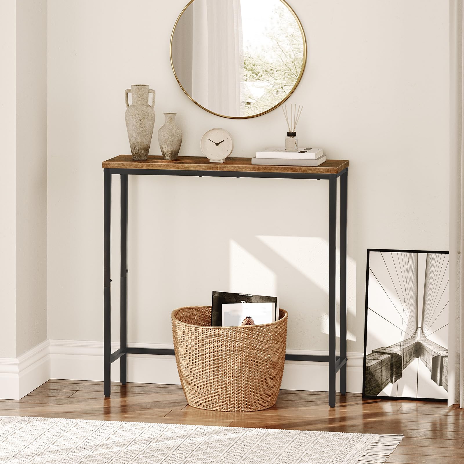 HOOBRO Narrow Console Table, 29.5" Small Entryway Table, Thin Sofa Table, Side Table, Display Table, for Hallway, Bedroom, Living Room, Foyer, Rustic Brown and Black BF75XG01