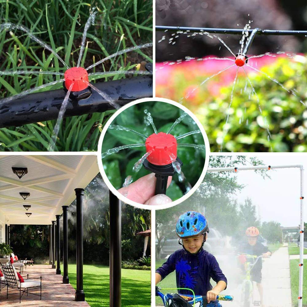 MSDADA Garden 50Ft Automatic Drip Irrigation Kits, 1/4" Blank Distribution Plant Watering Irrigation Kit Accessories Include Adjustable Nozzles, Cooling Irrigation System for Garden (Red)