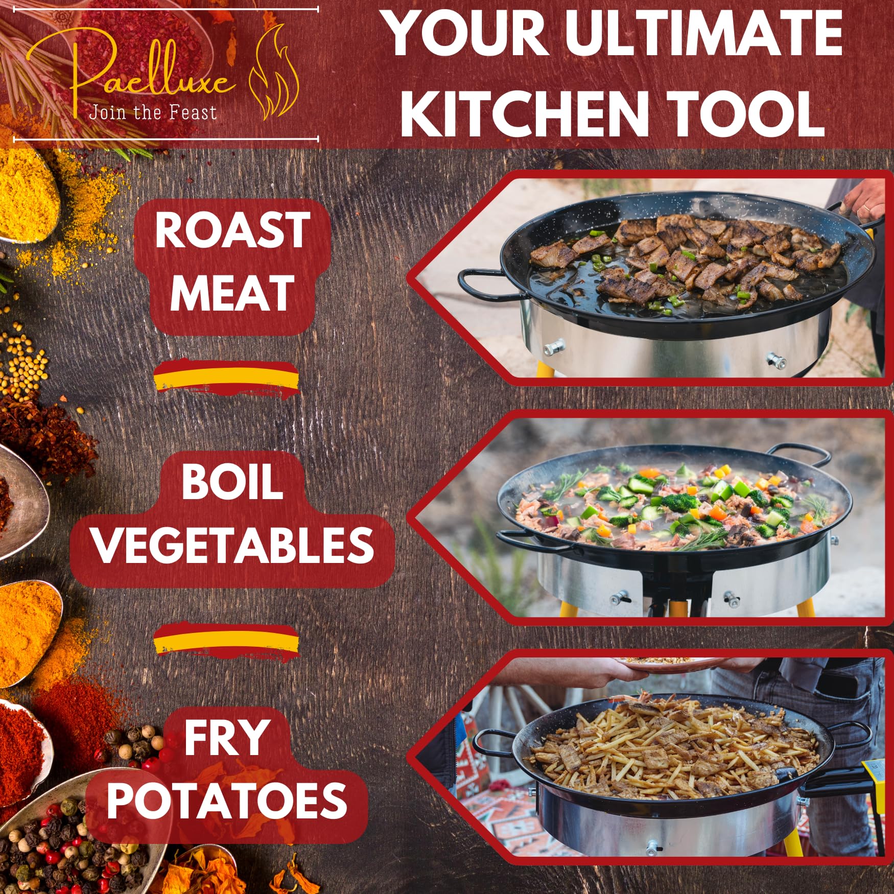 Complete Paella Pan Burner & Stand Set - Double Propane Burners 22 Inch Pan Set - Outdoor Gas Stove - Portable Cooking - Burner Table Top Burners - Camping Grill Backyard