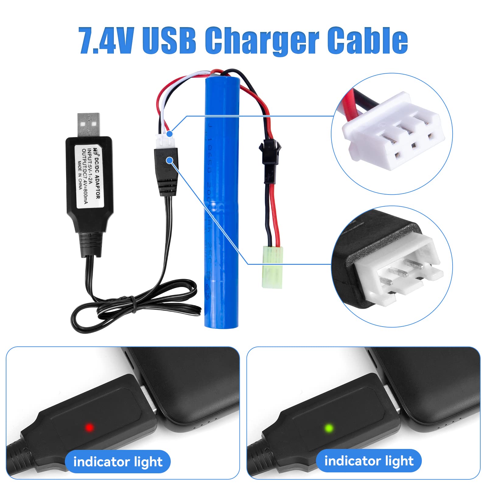 OooSure 2 pcs 7.4V Batteries 2000mAh for SRB1200 SRB400 SRB400-SUB MP5K M4 M110 for Hobby Remote App Controlled Vehicle Water Bead Blaster Airsoft Gun with 2S USB Charger and Mini Tamiya Switch Cable