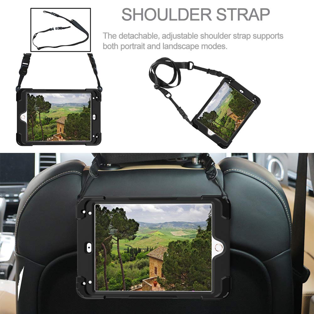 ZenRich iPad Mini 5/ iPad Mini 4 Case with Pencil Holder, Heavy Duty Shockproof Rugged iPad Mini 7.9 Inch Case with Hand Strap/Kickstand-Black