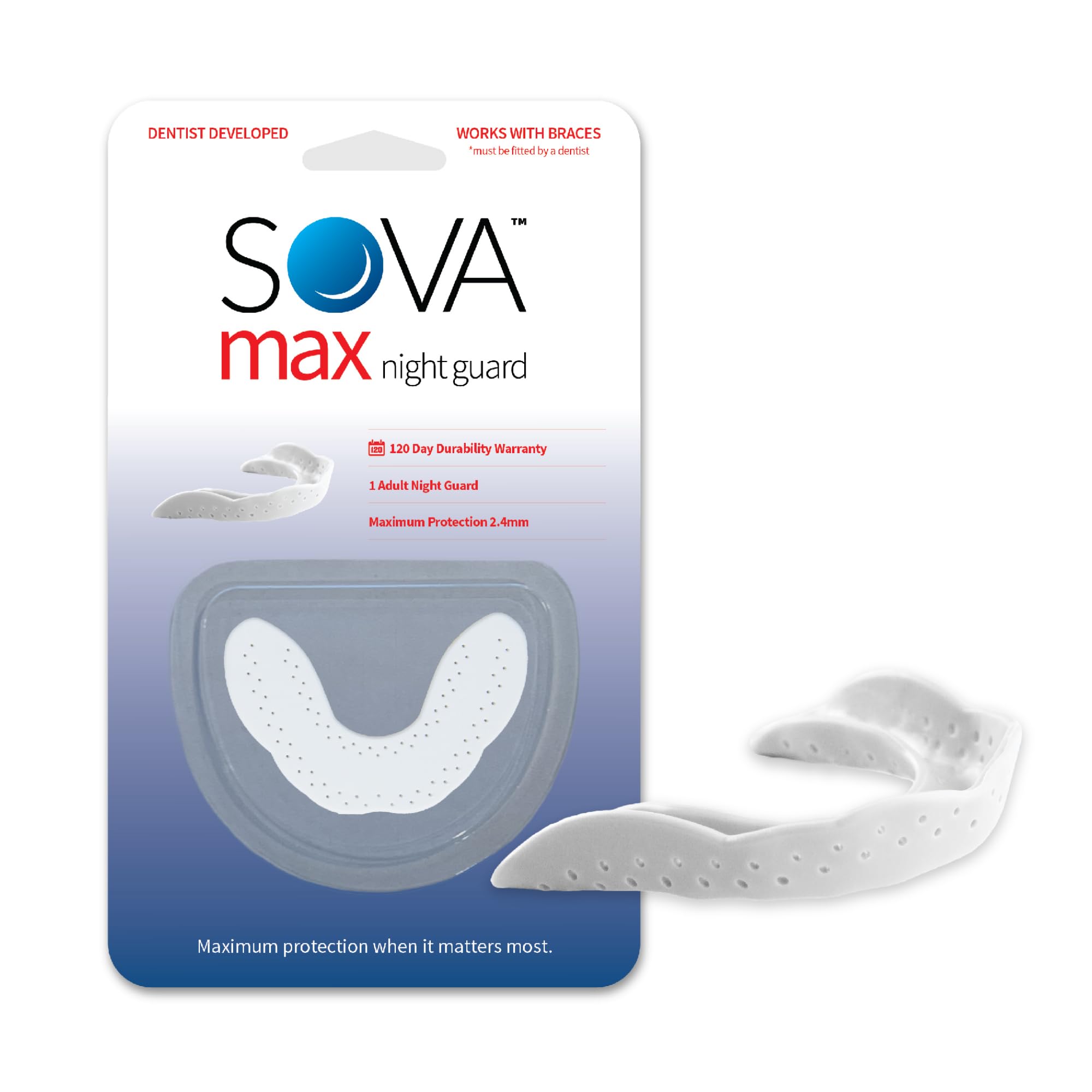 SOVA Max Night Guard - 2.4mm Thin - Custom-Molded Fit - Protects Against Nighttime Teeth Grinding & Clenching - FSA/HSA Eligible - Odor & Taste Free - Remoldable Up to 20 Times - Non Toxic