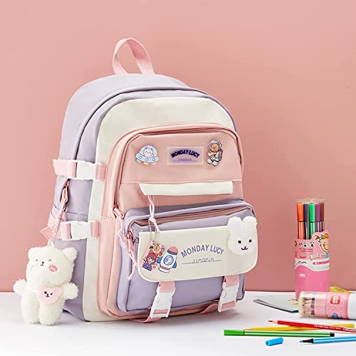 Aesthetic Cute Kawaii Backpack with Kawaii Pin and Pendants Accessories, Mochilas Para Ninas Bookbag Waterproof Nylon Material | Durable & Adorable 17"