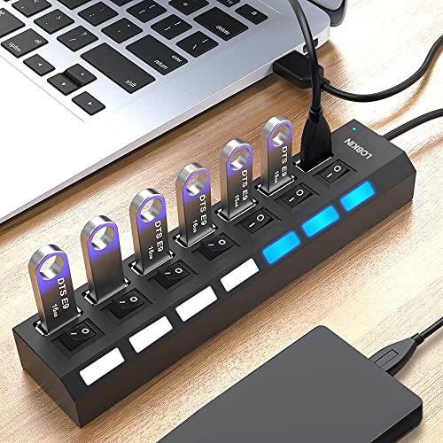 USB Hub Multi Port Splitter - LOBKIN 7 Port Data Hub USB 2.0 with Individual On/Off Switch and LED Lights Portable Desktop USB Hub Extender Ports for Laptop Computer PC MacBook
