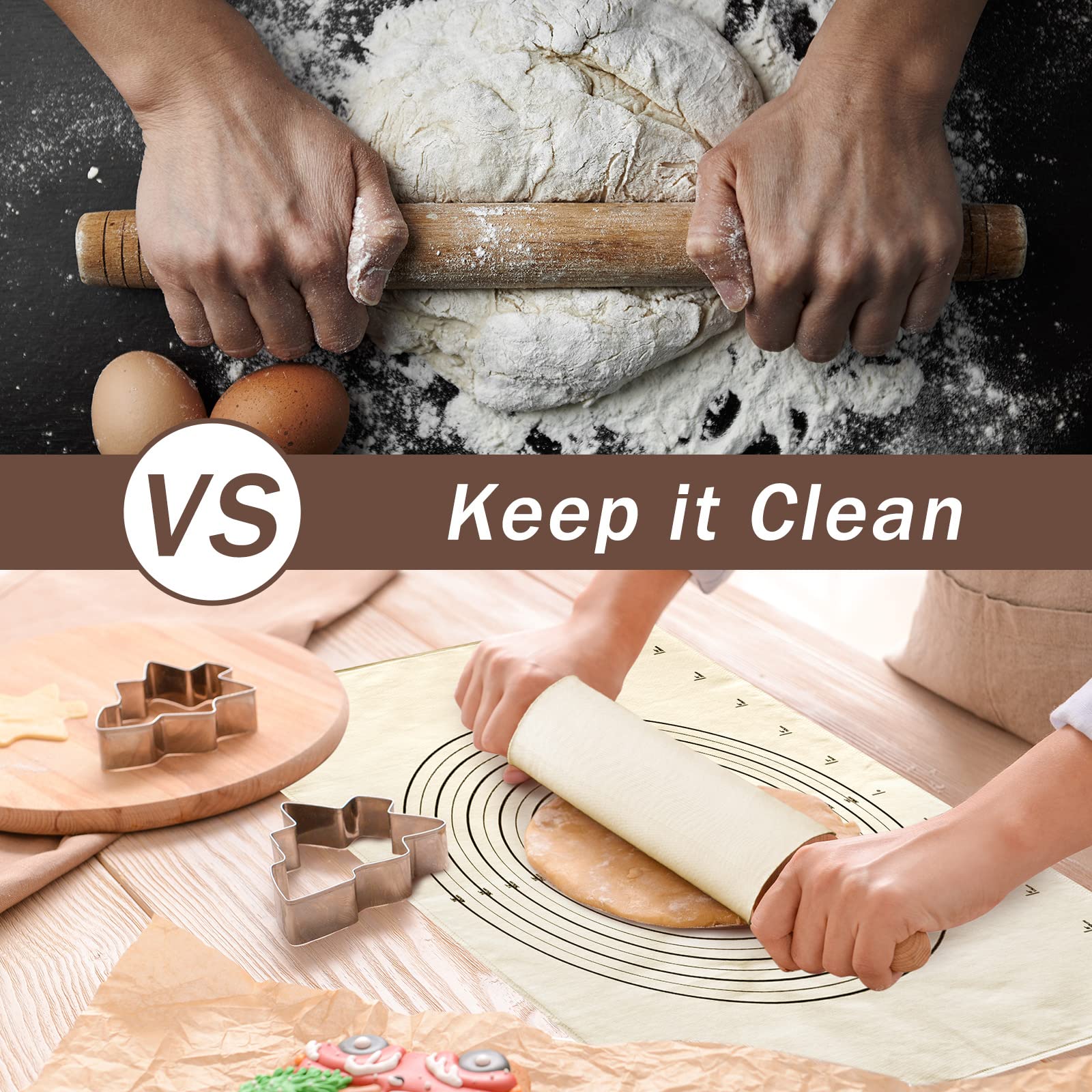 6 Pcs Pastry Cloth and Rolling Pin Cover Set Includes 2 Pcs 25 x 20 Inch Large Cotton Pastry Mat 4 Pcs 14 x 2.5 Inch Rolling Pin Cover Sleeves for Dough Bread Pie Baking Kitchen Supplies