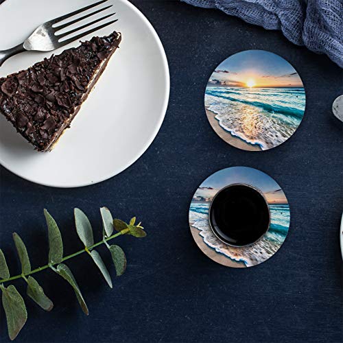 Ocean Beach Drink Coasters Absorbent Natural Ceramic Stone Bar Coasters Set of 4 - Cup Mat with Cork Backing, Housewarming Gifts for Home Kitchen Decorations Tropical Sunset Beach Ocean Wave Sea Water