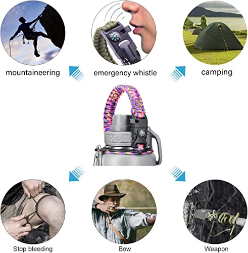 Affute Paracord Handle,Fits Wide Mouth Bottles 12-40 oz, Water Bottle Handle Strap with Safety Ring,Carabiner,Survival Whistle,Compass,Accessories for Walking Hiking Camping (Rainbow 1)