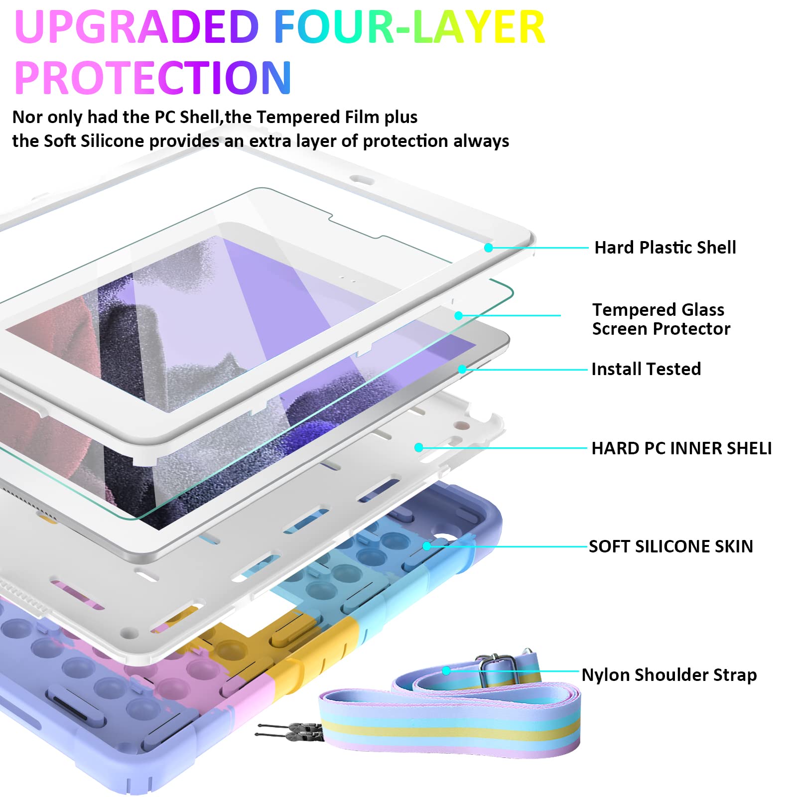 A7 Lite 8.7 inch Case 2021,[Kid Proof] Ambison Full Body Case with Tempered Glass Screen Protector,Push Popit Fidget Case, Shoulder Strap for Kids(Purple)