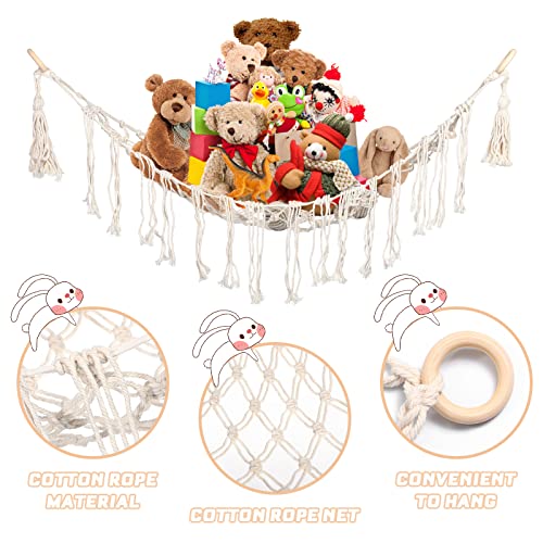Cabilock Macrame Toy Hammock Macrame Hanging Net Kids Hanging Toys Fruit Basket Boho Wall Baskets Organizer Baskets Countertop Space Saver for Fruits Vegetables Corner Stuffed Animal Hammock