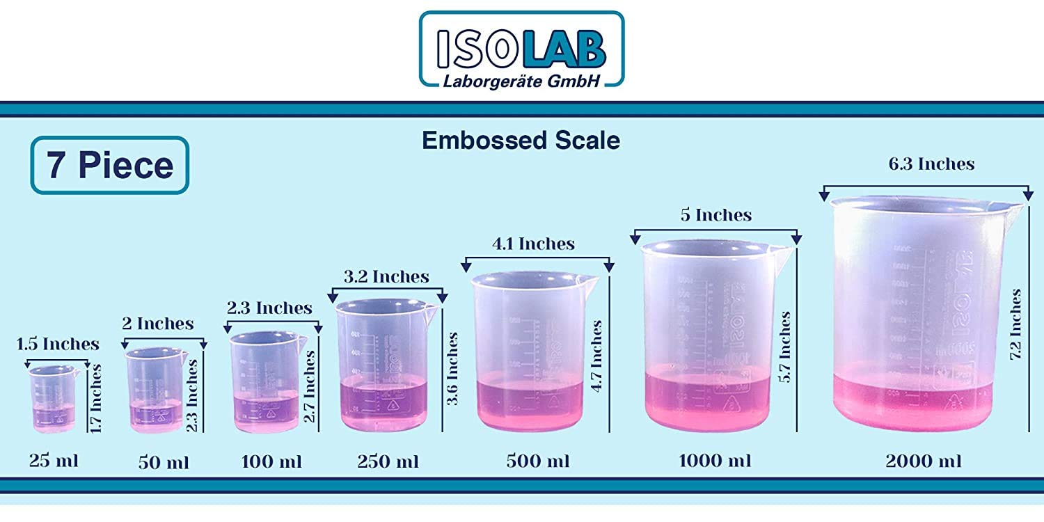 ISOLAB 026.01.S01.Set4 7 Pieces Premium Laboratory Plastic Beaker Set, High Clarity, Polypropylene, Raised Graduations, Autoclavable, 25 mL, 50 mL, 100 mL, 250 mL, 500 mL, 1000 mL, 2000 mL