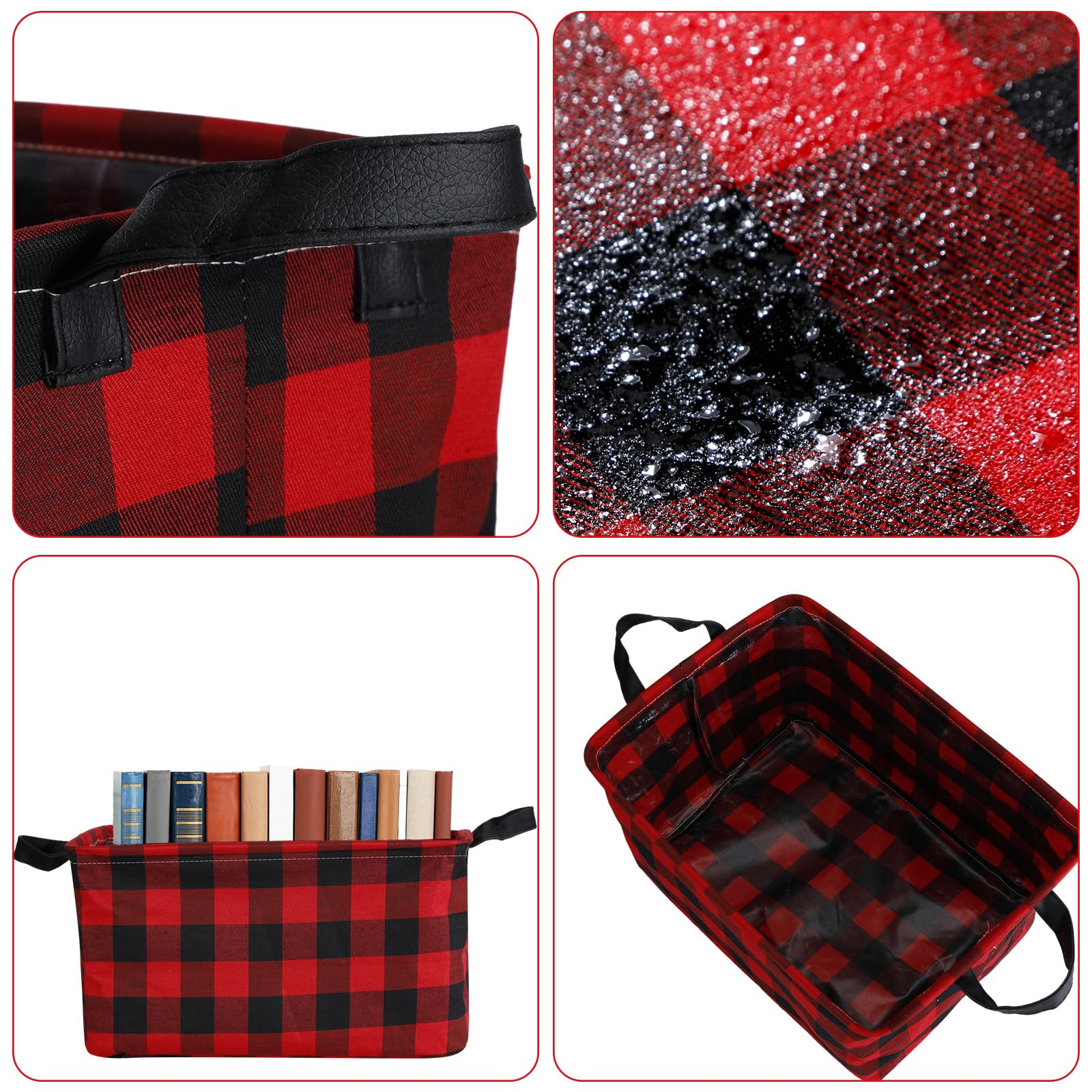 Ziliny 10 Pcs Buffalo Plaid Basket Collapsible Basket with Handles Large Storage Basket Checkered Empty Gift Baskets Home Organizer Containers Storage Bins, 14 x 10 x 8 Inch(Red and Black)