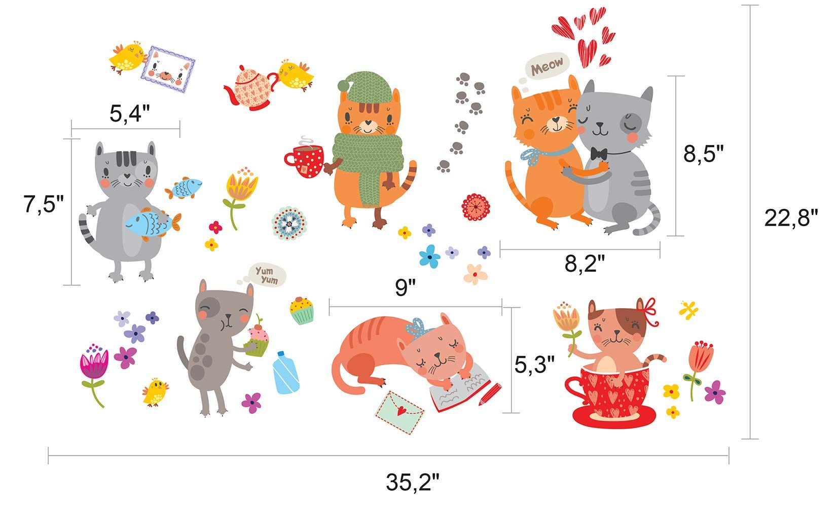 Cat Wall Stickers for Kids - Baby Vinyl Home Décor - Cute Animal Decals for Bedroom Playroom