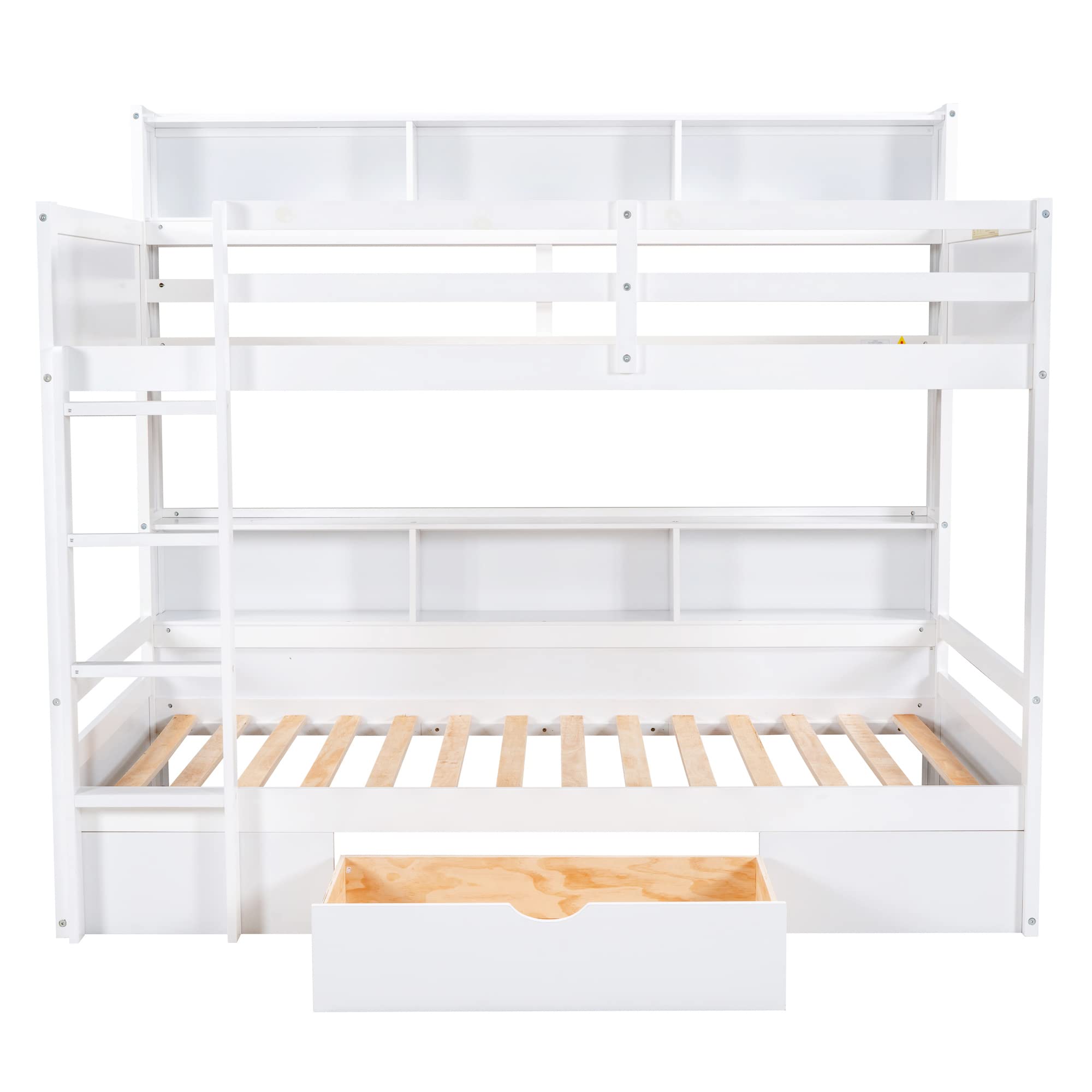 BIADNBZ Twin Over Twin Bunk Bed with Storage Drawer and Built-in Shelves Beside Both Upper and Down Bedframe, for Kids Teens Adults Bedroom, White