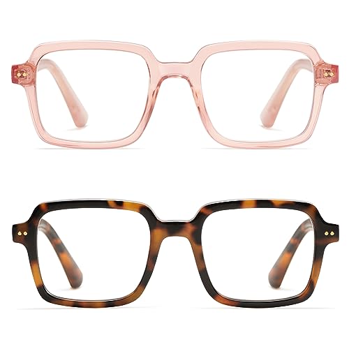 AMOMOMA 2Pack Retro Thin Square Reading Glasses for Women Men,Women's Blue Light Computer Reader AM6105 Crystal Brown+Tortoise 1.5