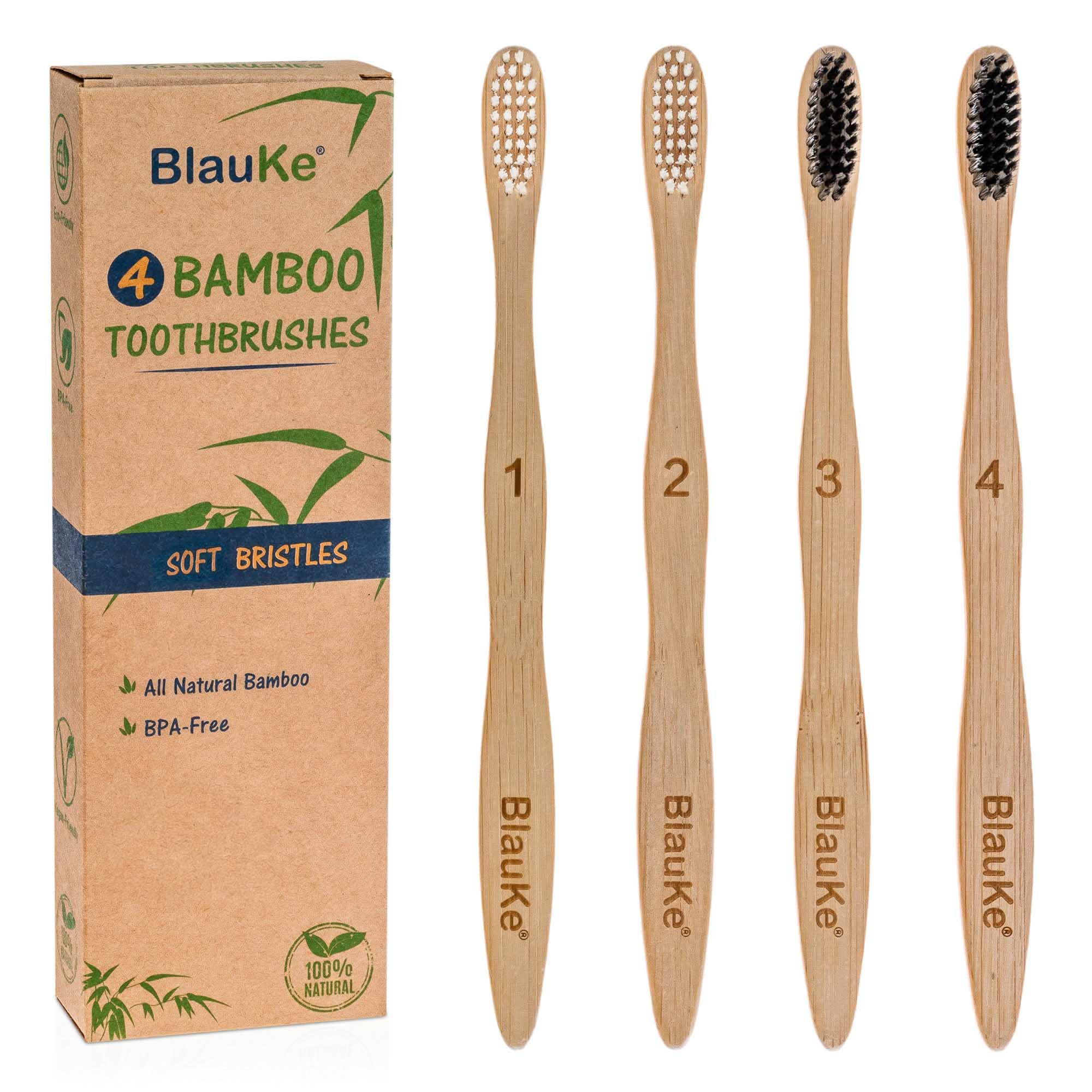 BlauKe Bamboo Toothbrushes Soft Bristles 4-Pack â Biodegradable, Sustainable, Natural, Eco-Friendly â Black Charcoal Wooden Toothbrushes