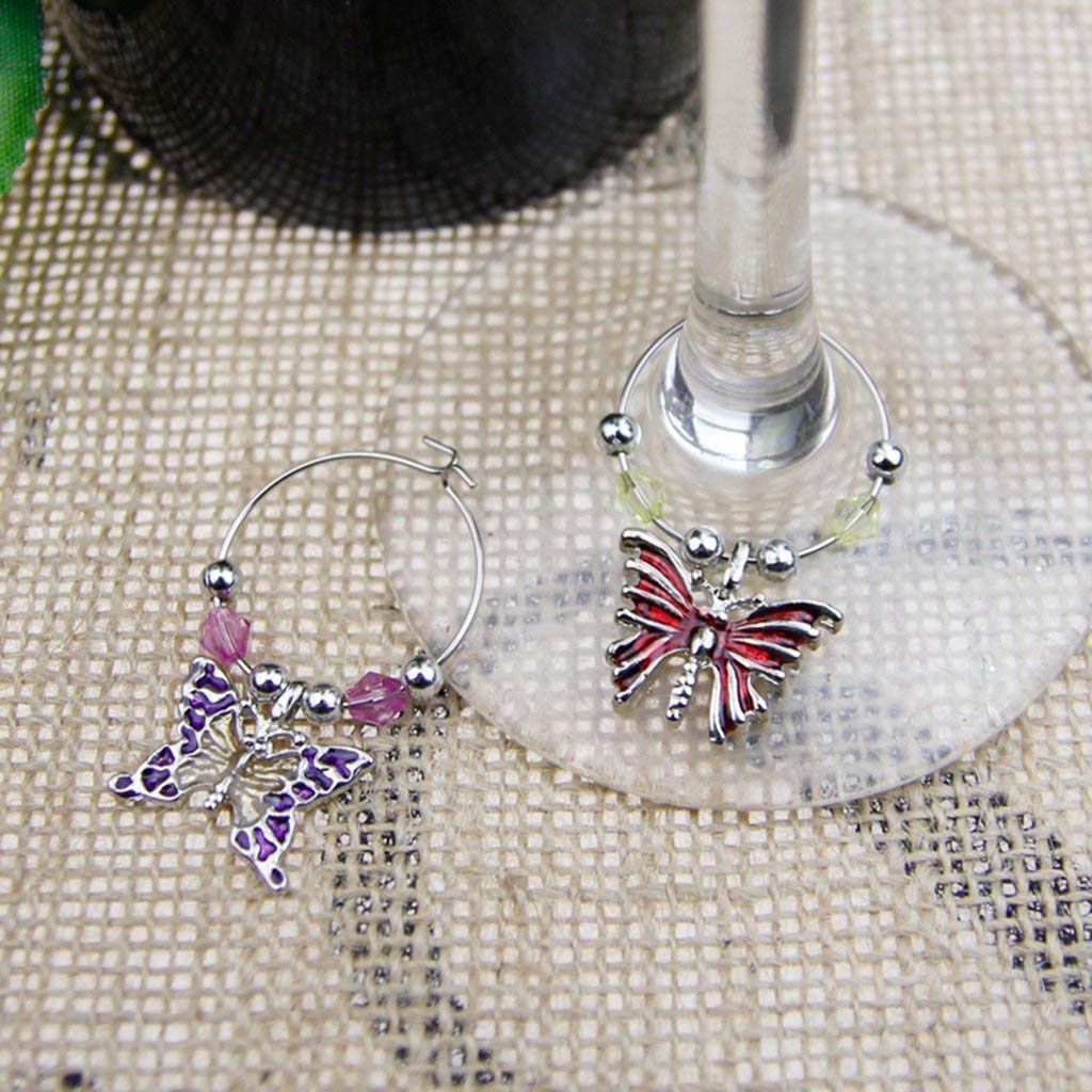 6pcs Wine Glass Charms Butterfly Sterling Glass Wine Pendant Ring Charms Table Decor