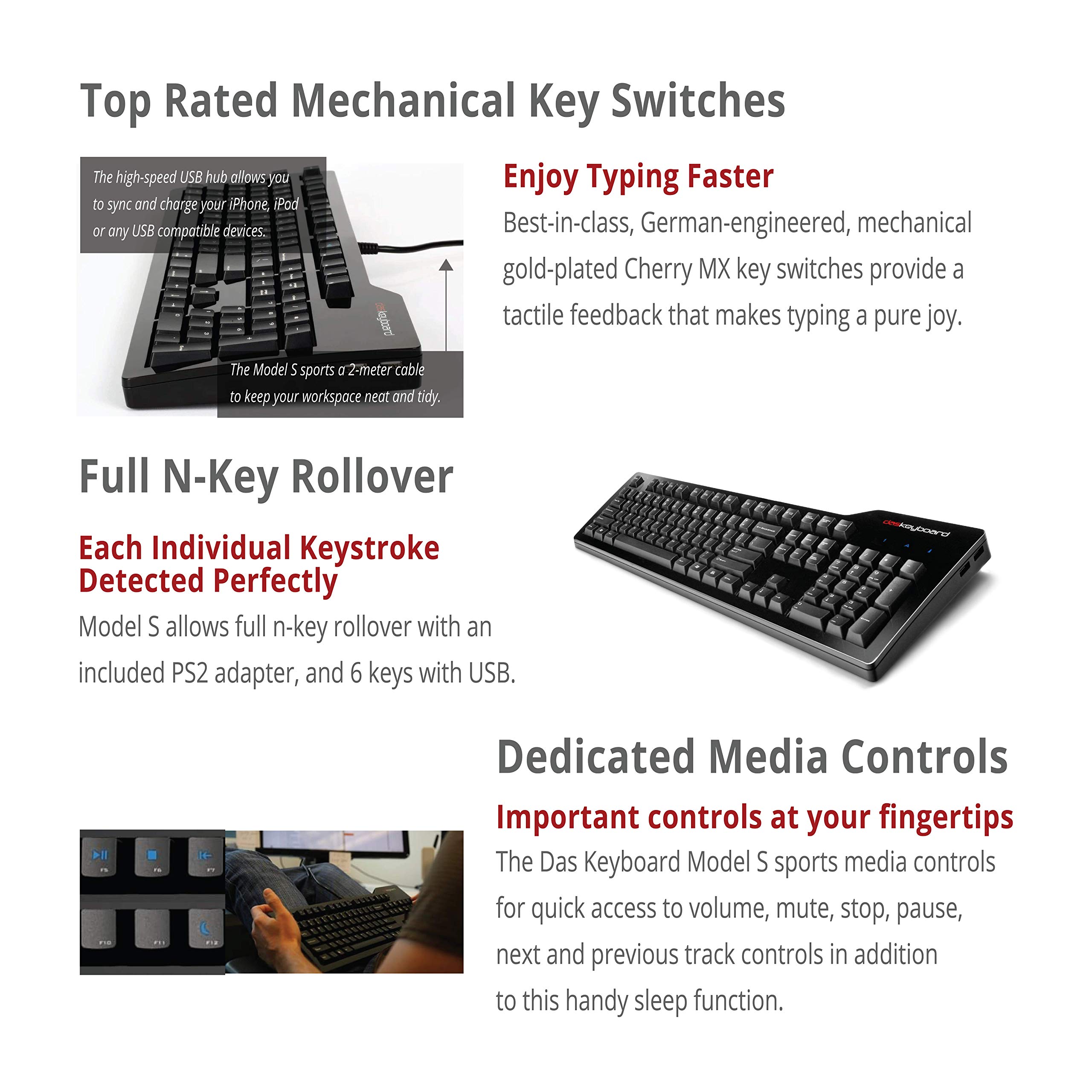 Das Keyboard Model S Wired Mechanical Keyboard, Cherry MX Blue Mechanical Switches, 2-Port USB Hub, Laser Etched Keycaps (104 Keys, Black)