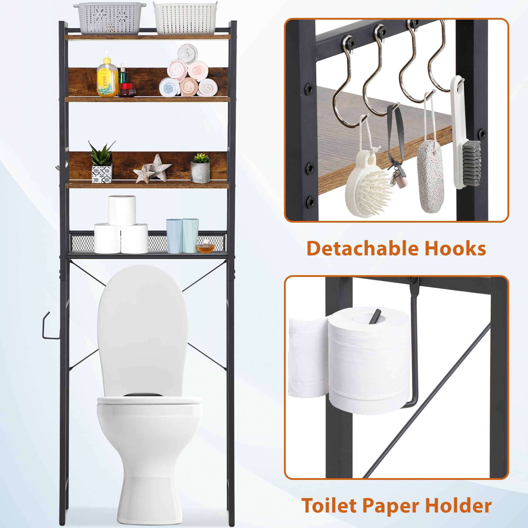 ZENY Over The Toilet Storage, 4-Tier Over Toilet Bathroom Space Saver with Hooks, Over The Toilet Storage Rack, Freestanding Bathroom Organizer, Rustic Brown
