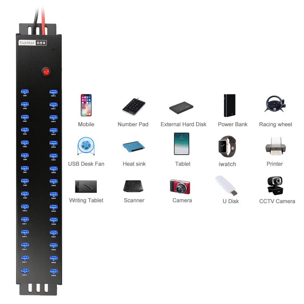 Sipolar Industrial USB 2.0 Hub 30 Ports with 300W Power Supply Wall Mountable Support Refurbishing and Brush, Batch Data Transfer