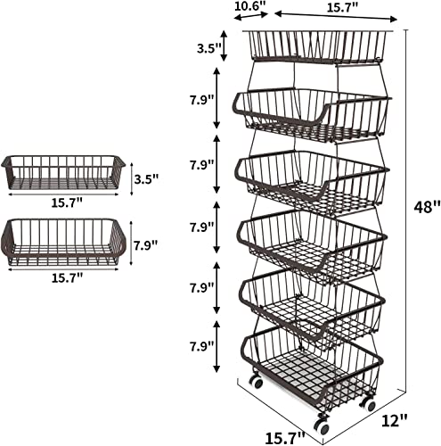 Fruit Vegetable Storage Basket with Wheels Kitchen Storage Rack 6-Tier Fruit Vegetable Stackable Floor-Standing Movable Organizer Household Storage Snack Shelf for Kitchen Living Room Dressers Stand