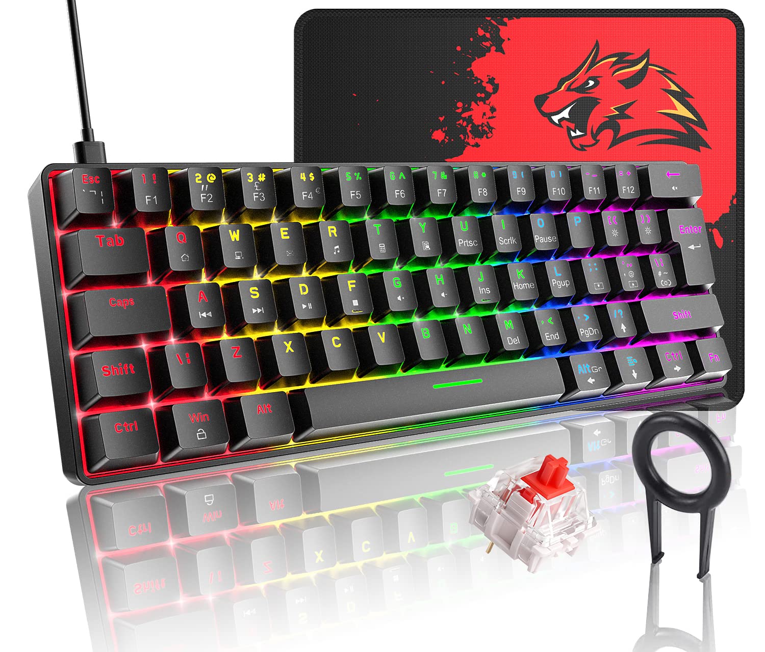 60% True Mechanical Gaming Keyboard Ultra-compact with 20 Rainbow Backlit Type C Wired Programmable 62 Keys Linear Red Switch Waterproof Non-Conflict and Gaming Mouse Pad for PC/Laptop/PS5(Black)