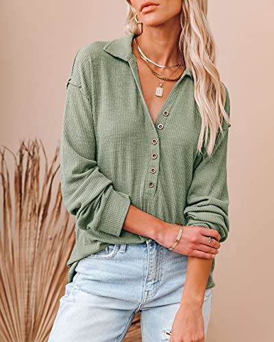 BTFBM Women Casual Button Down V Neck Blouses Long Sleeve Solid Color Stand Collar Knitted Fall Tops Cute Relaxed Fit Shirts(Solid Light Green, Small)