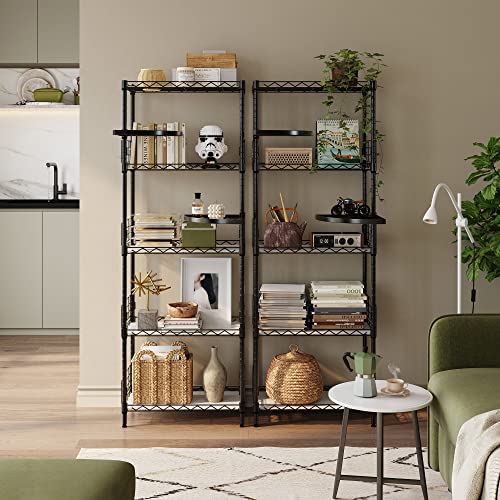 LINSY HOME 5-Tier Storage Shelves with 2 Rotatable Shelves, Height Adjustable Metal Pantry Shelves with 5 Hooks and Shelf Liners, Heavy Duty Metal Shelving, Wire Shelving for Kitchen, Bathroom -Dark