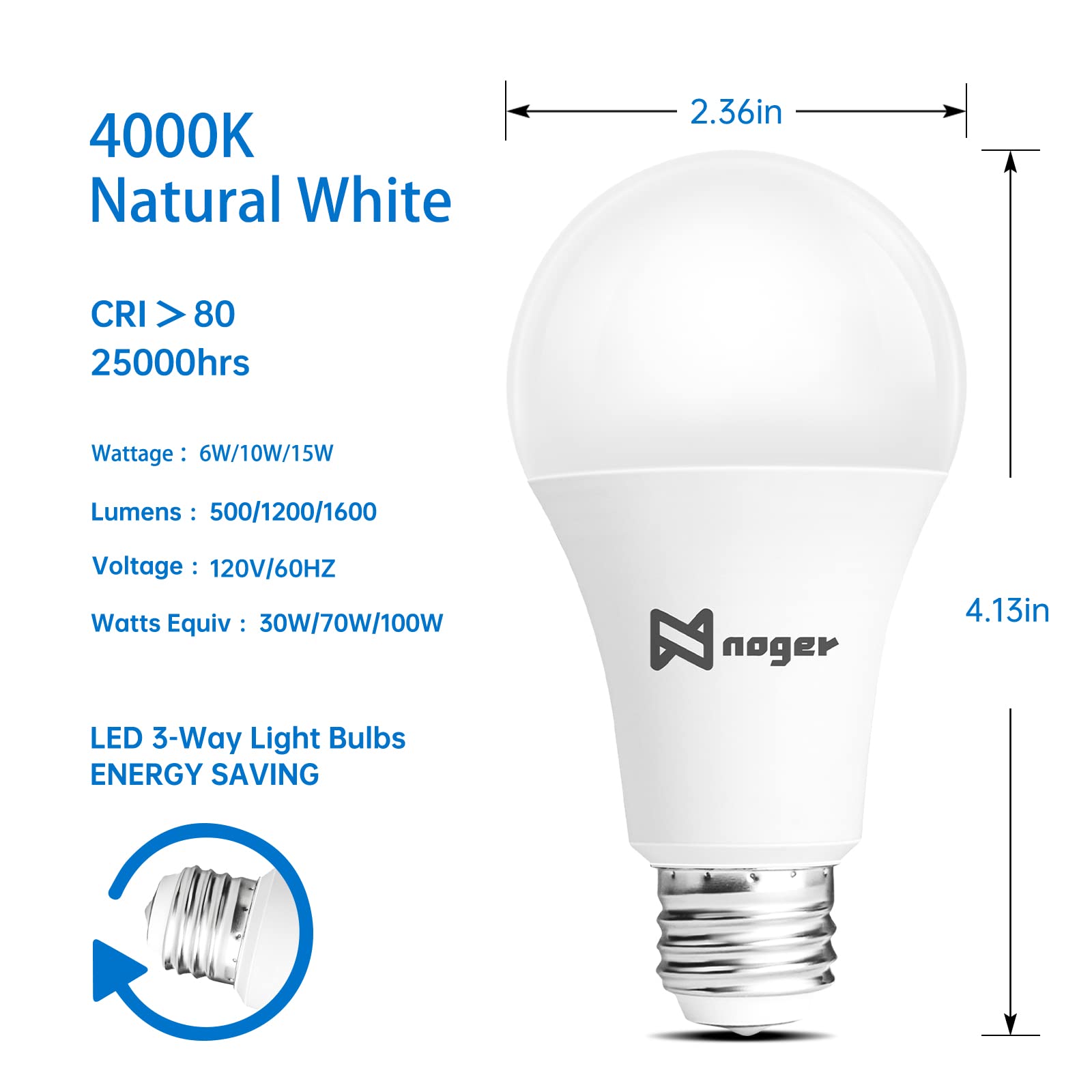 Noger 3 Way Light Bulbs A19, 30 70 100W Equivalent, 4000K Natural White, 3 Way E26 Light Bulbs for Reading, 500-1200-1600LM, 2 Pack
