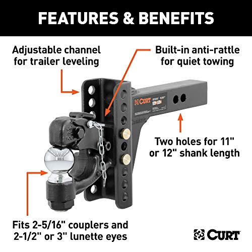 CURT 45907 Adjustable Pintle Hitch Combination, 2-Inch Receiver, 6-Inch Drop, 2-5/16-Inch Ball, 13,000 lbs, CARBIDE BLACK POWDER COAT
