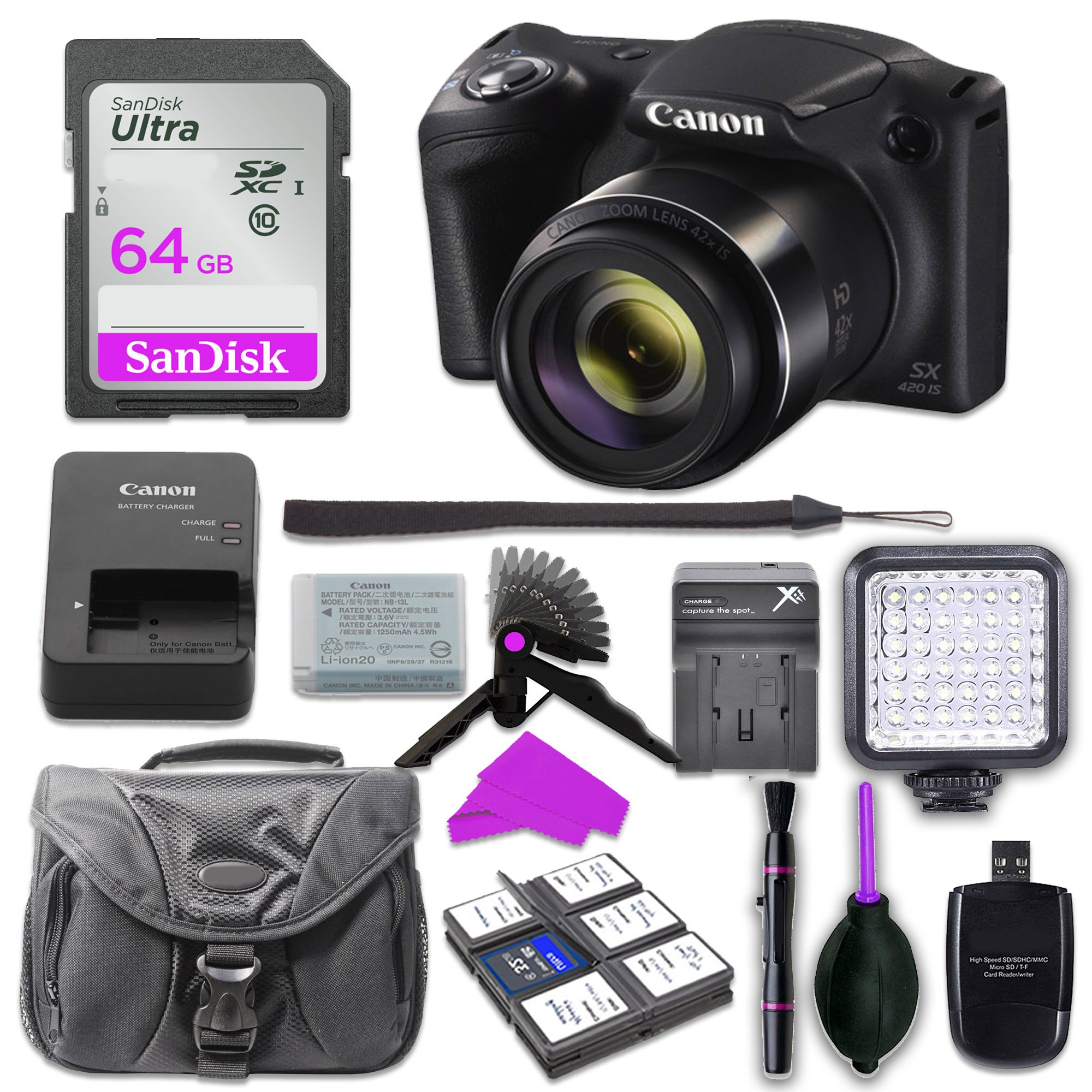 Canon PowerShot SX420 is (Black) with 42x Optical Zoom and Built-in Wi-Fi with 64GB SD Memory Card + Mini Stable Tripod and Grip + LED Video Light Accessory Bundle