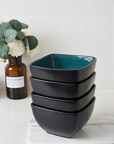 AmorArc 32oz Square Cereal Soup Bowls, Stoneware Bowls Set of 4 for Kitchen, Large Bowls for Cereal,Soup,Salad,Meal, Microwave & Dishwasher Safe-Green Inside